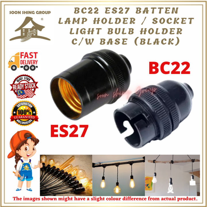 BC22 ES27 Batten Lamp Holder / Socket Light Bulb Holder c/w Base (Black) Converter Pemegang ...