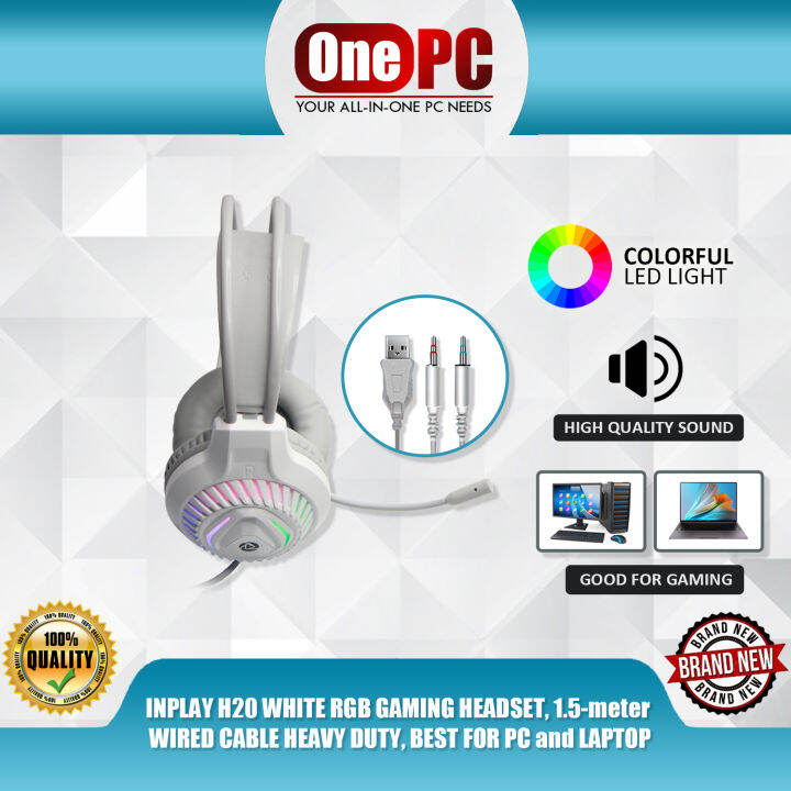INPLAY H20 WHITE RGB GAMING HEADSET, 1.5-meter WIRED CABLE HEAVY DUTY ...