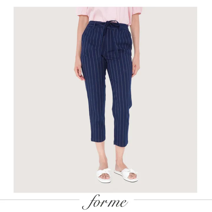 ForMe Striped Tie Waist Ankle Length Cozy Pants for Women (Navy Blue ...