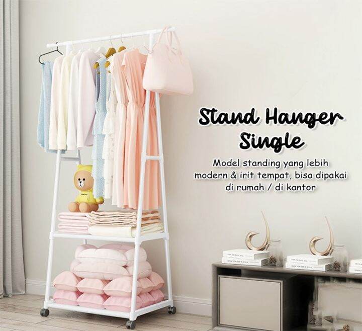 Gantungan Baju Stand Hanger Single Beroda Rak Pakaian Baju Tas Topi ...