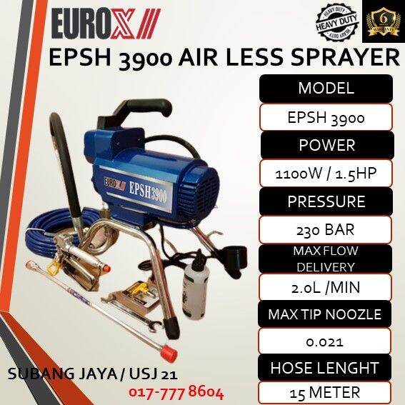 EUROX EPSH3900 AIRLESS PAINT SPRAYER / 1100W / 230BAR/ 15M HOSE / 2.0L/MIN /6 MONTHS LOCAL ...