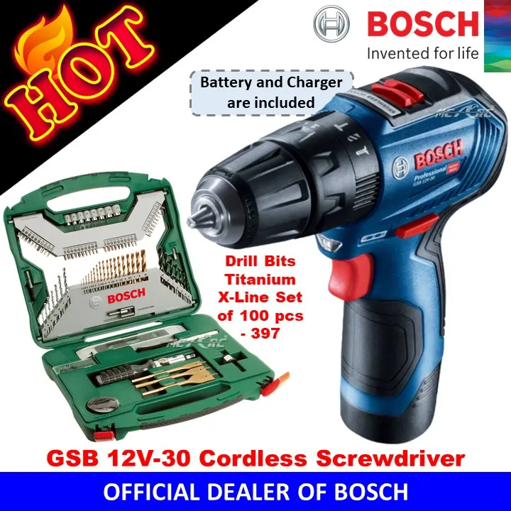 Bosch GSB 12V-30 Cordless Screwdriver 06019G91K0 with Bosch Drill Bits ...