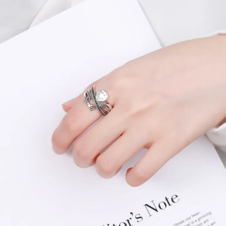 S925 Sterling Silver smile Smiley Cincin R Manis a Keren ins Hip Hop ...
