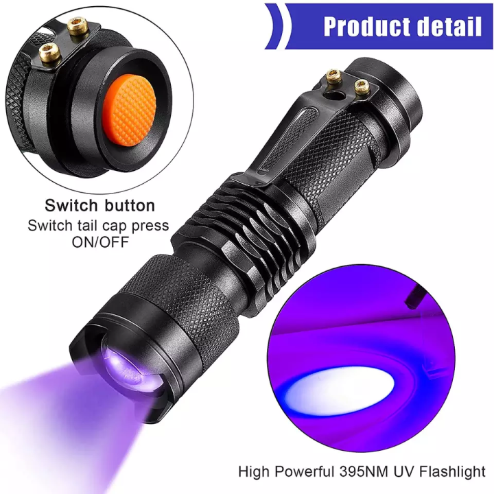Mini Pocket LED UV Flashlight Adjustable Focus Lantern Portable UV ...