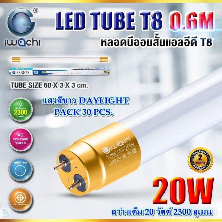 หลอดไฟนีออน LED T8 หลอดไฟ LED หลอดไฟบ้าน หลอดประหยัดไฟ LED T8 20W IWACHI ขั้วสีทอง หลอด LED สั้น ...