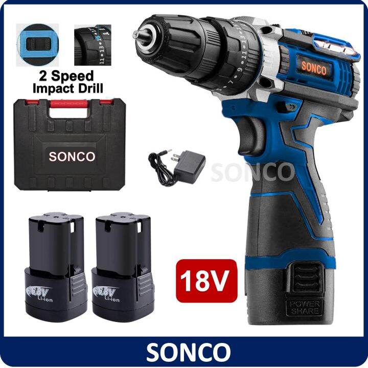 SONCO 18V Cordless Impact Drill Screwdriver 2 Battery Hammer Drill 3 ...