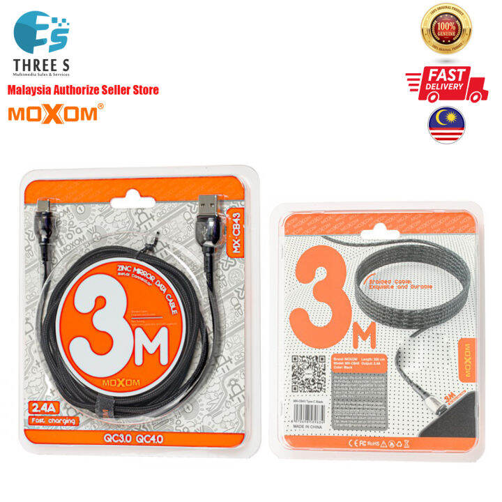MOXOM MX-CB43 3 Meter USB Braided Data Cable Non-Fading High Speed 2.4A Fast Charging Cable | Lazada