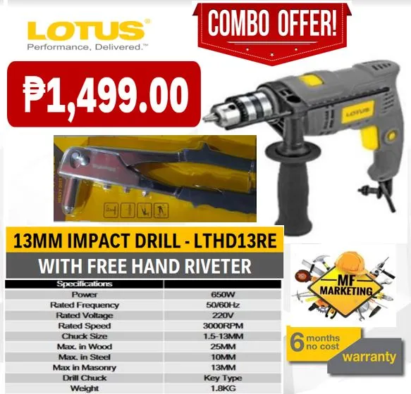 LOTUS IMPACT DRILL - LTHD13RE WITH FREE HAND RIVETER | Lazada PH