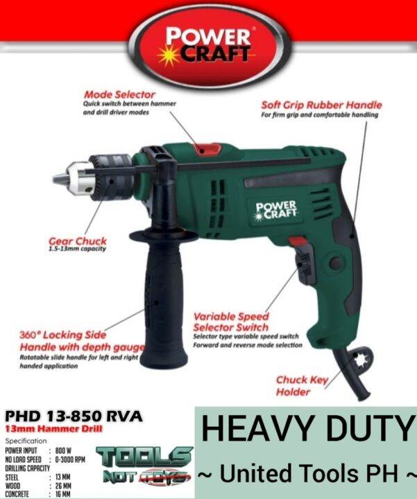 POWERCRAFT Electric Hammer Impact Drill 13mm cap. 800- watts Metal ...
