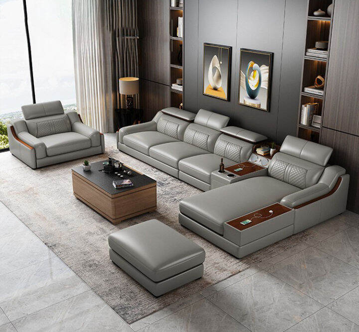 Simple modern living room functional sofa large L-shaped corner leather ...