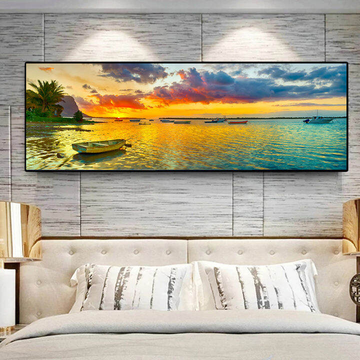 Seascape Boat Sunset Canvas Painting House Wall Decor Landscape Picture ...