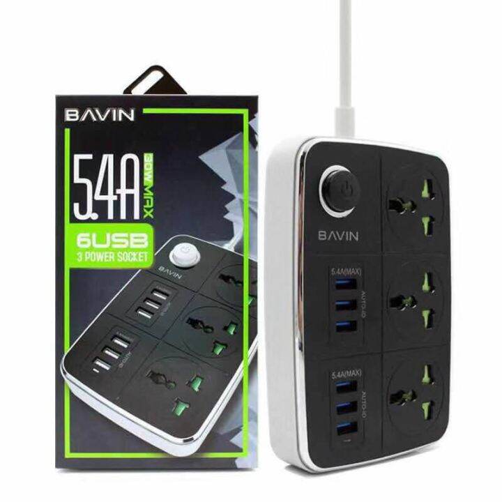BAVIN 5.4A Wire Extension Universal Charger with 6 USB & 3 Power Socket ...