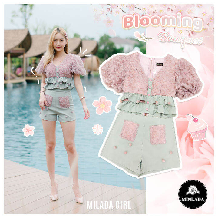 Minlada Brand การันตีเสื้อผ้าแบรนด์แท้ เซท เสื้อแขนตุ๊กตาหวานหวานตัด+ มาพร้อมกางเกงเขียว ติดโบว์ ...