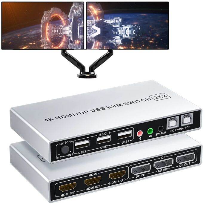 4K 60Hz Dual Monitor HDMI DisplayPort KVM Switch 2X2 Mixed inputs DP ...
