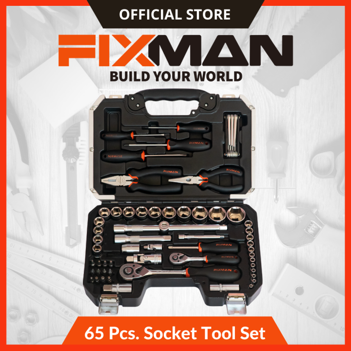 FIXMAN 65 pcs 1/2" and 1/4" Driver Socket Wrench Tool Set with Philip and Flathead Screwdrivers ...