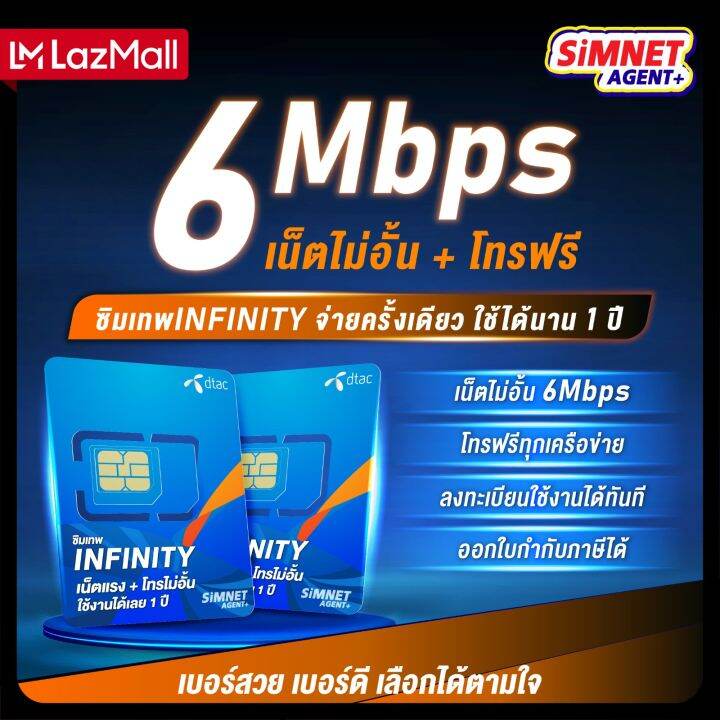 [ ส่งฟรี เลือกเบอร์ได้ ] ซิมเทพดีแทค infinity เน็ต 6mbps ใช้งานไม่อั้น โทรฟรีทุกเครือข่าย 1ปี ...