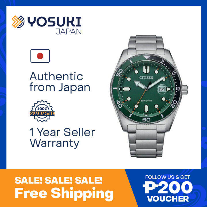 CITIZEN Solar AW1768-80X Eco Drive Date Green Silver Stainless Wrist ...