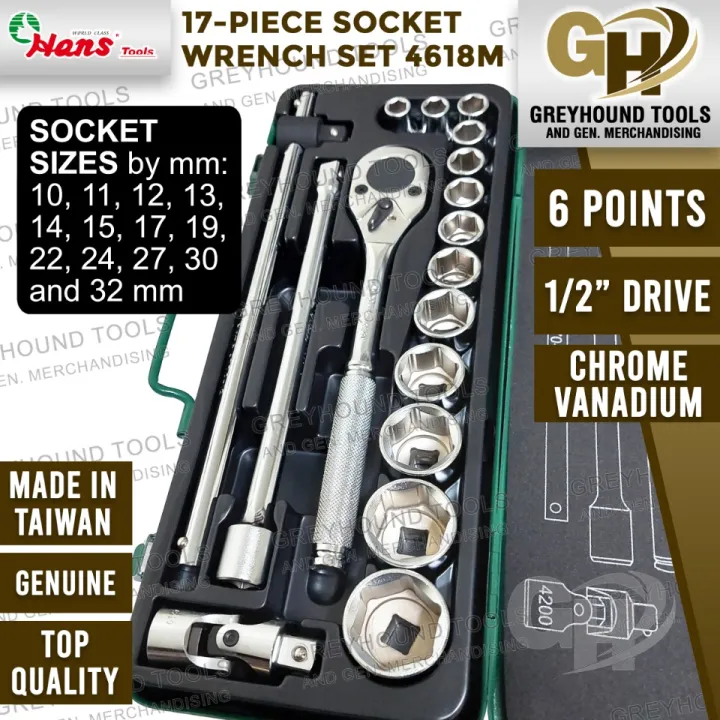 Hans 1/2 inch Drive 6 Points 17-Piece Socket Wrench Set Chrome 4618M ...