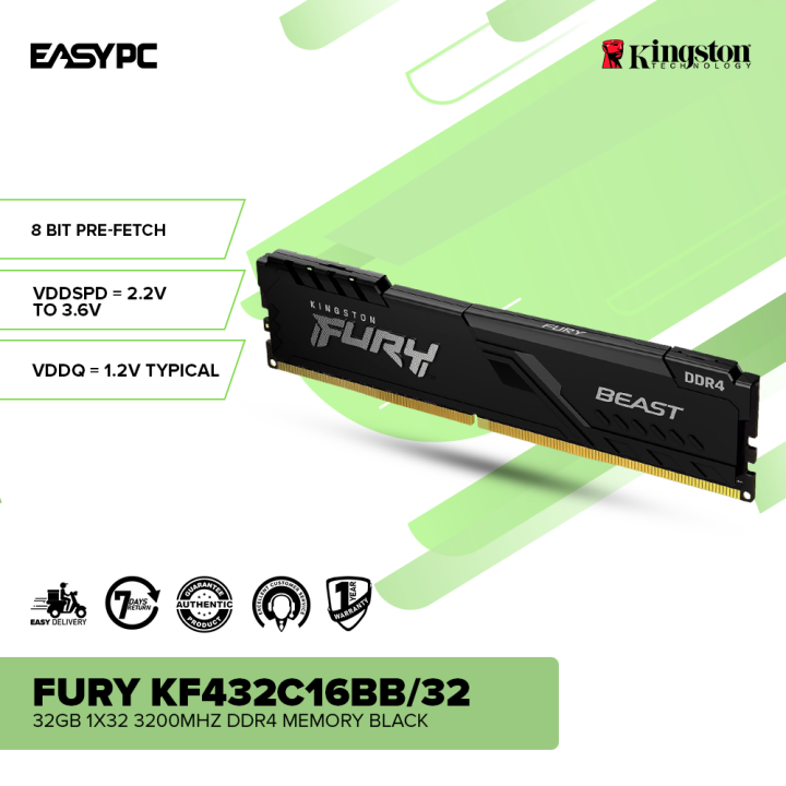 EasyPC | Kingston Fury Beast KF432C16BB/32 32gb 1x32 3200Mhz Ddr4 Memory Black Ram for Desktop ...