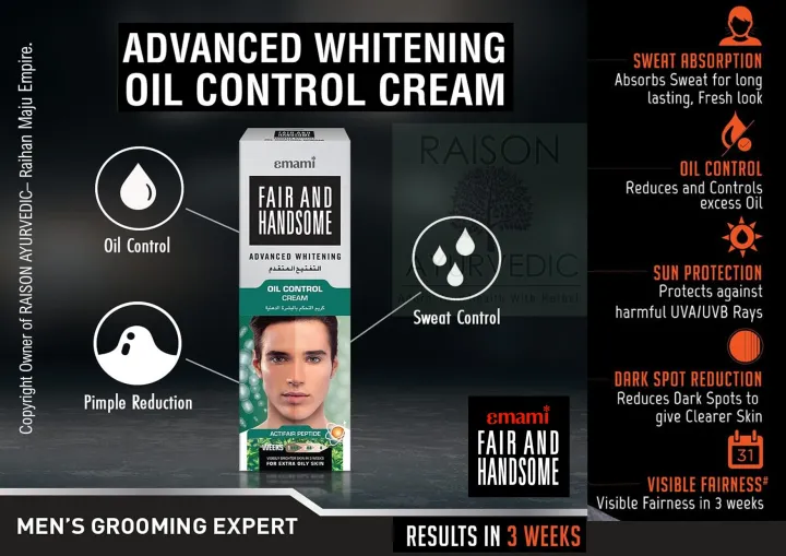 Emami Fair and Handsome Advanced Whitening Oil Control Cream 50gm-Visible Brighter Skin in 3 ...