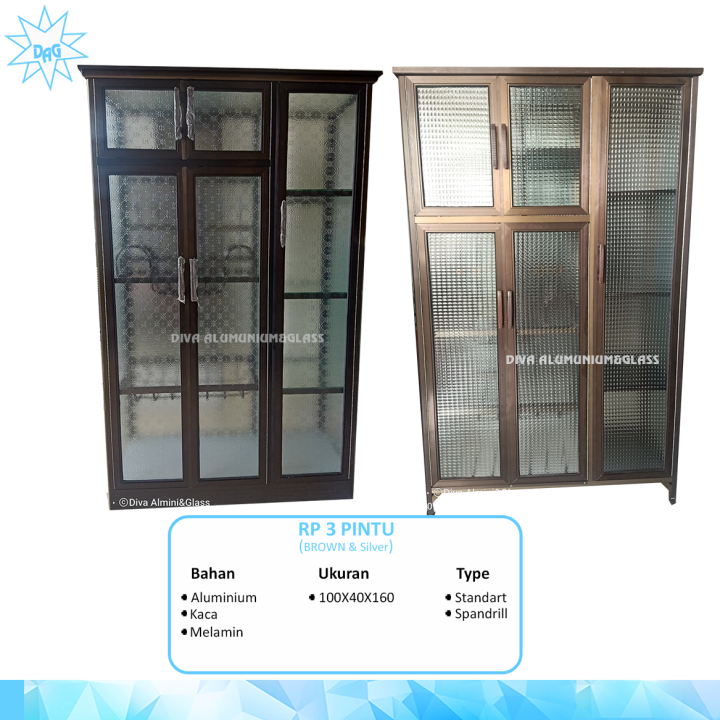 Rak piring aluminium full kaca pintu 3 frame coklat 100x160/lemari ...