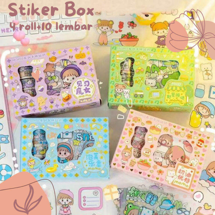 Stiker 2D BOX Set 4 Roll &10 Lembar Kartun Aesthetic Sticker Tempel ...