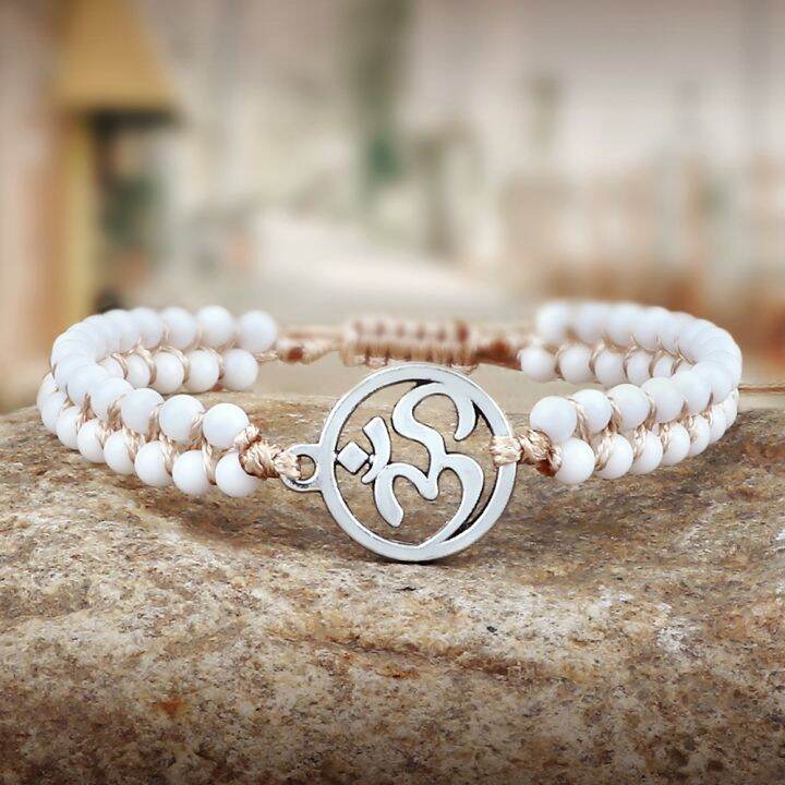 Vintage OM Beaded Bracelets Reiki Symbol White Natural Stone Buddhist ...