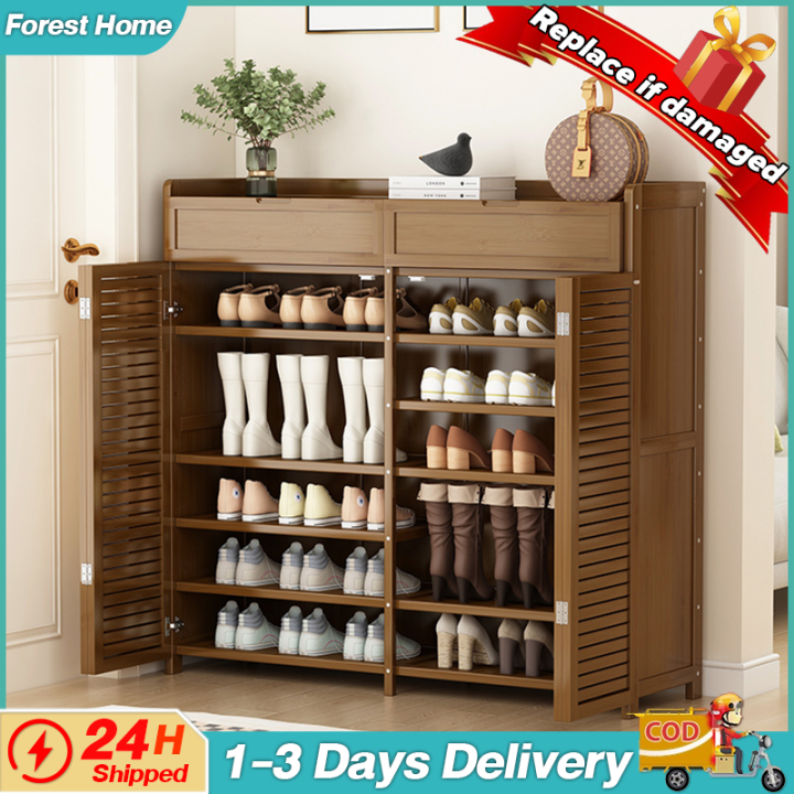 (Ready Stock) Shoe Cabinet Wood Shutter Door Bamboo Shoe Racks ...