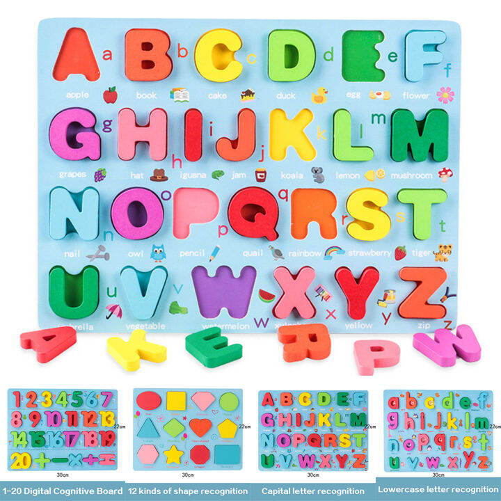 Alphabet Number and Shape Puzzle Set Wooden Upper Case Letter Learning ...