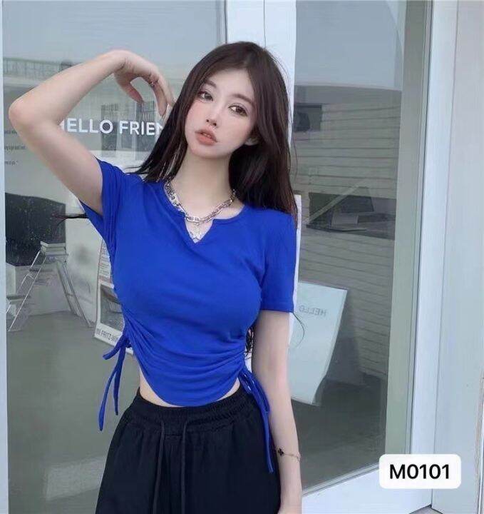 Kinwoo(พร้อมส่ง/ใหม่)#M0101เสื้อยืดผู้หญิงคอวีแขนสั้นสลิมฟิตเวอร์ชั่น ...