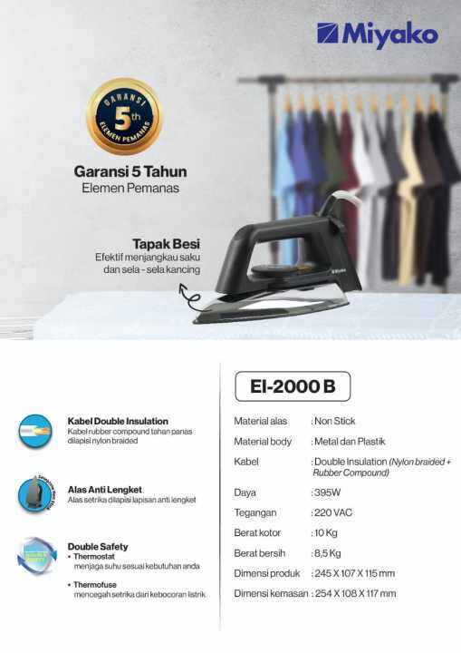 Miyako Setrika Iron Anti Lengket EI-2000 B | Lazada Indonesia