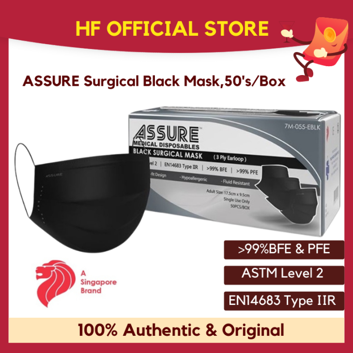 ASSURE Black Surgical Face Mask 3-Ply With Ear- Loop, (50 PCS ) / Box ...