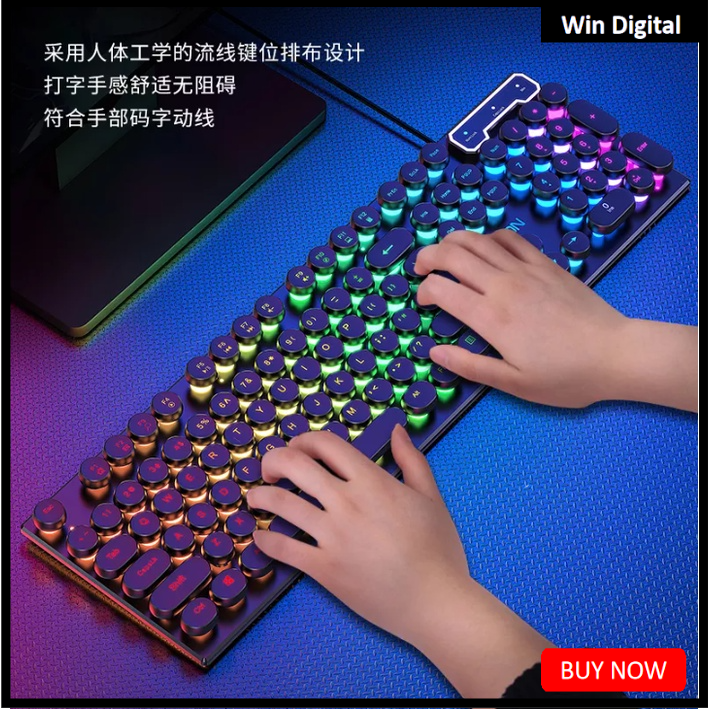 Mechanic Keyboard Metal Panel Round Retro Keycap 104 Keys Backlit Wired ...