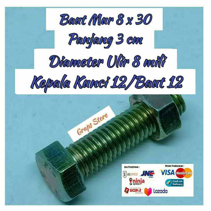 Baut Mur Kuning 8 X 30 / 3 Cm Kunci 12 / Baut 12 / Paket Isi 5pcs ...
