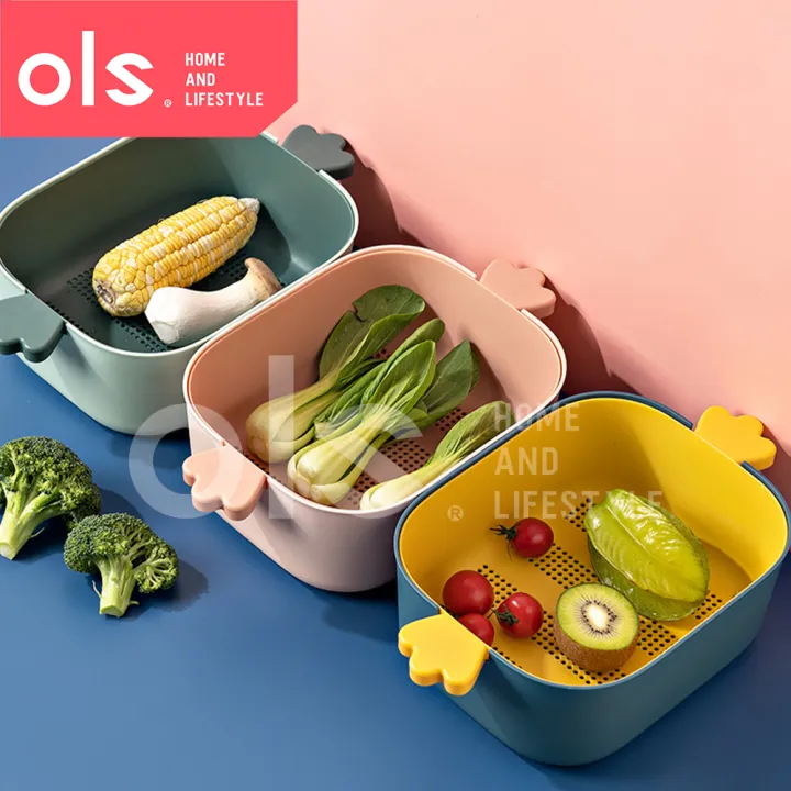OLS Fruit Vegetable Strainer 2 Layer Drainer Basket Colander Kitchen ...