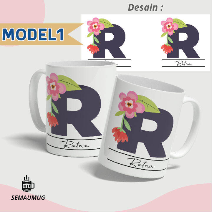 MUG ABJAD TEMA BUNGA BISA REQUEST NAMA KADO GIFT HAMPERS GELAS CANGKIR ...