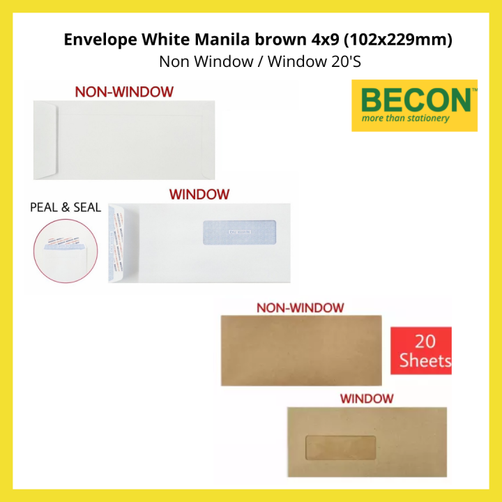Envelope White manila brown 4x9 (102x229mm) Non Window / Window 20'S ...