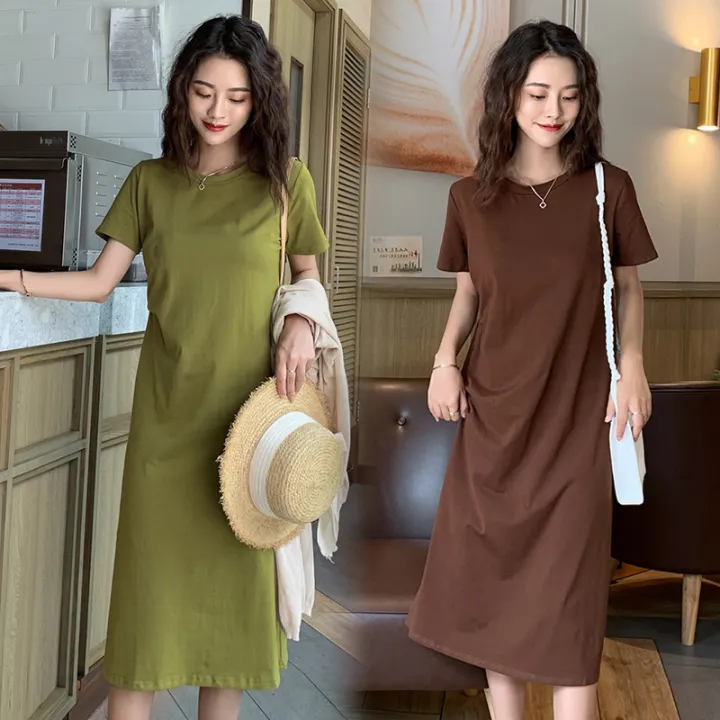 Zeus Trendy ฤดูร้อนเวอร์ชั่นเกาหลีของสีทึบหลวมกระโปรงยาวเสื้อยืดคอกลม ...