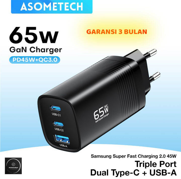 ASOMETECH Kepala Charger 65W GaN Super Fast Charging 2.0 PD QC 3.0 Triple Port USB Type C ...