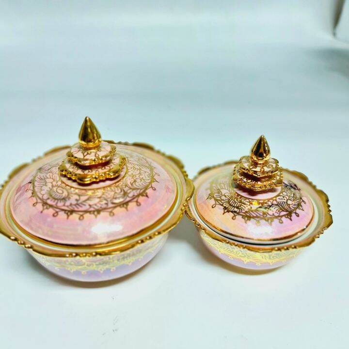 Otop Jittima Benjarong ชามจุกชั้น มุกเขียนทองสีชมพู (สินค้า OTOP 5 ดาว) | Lazada.co.th