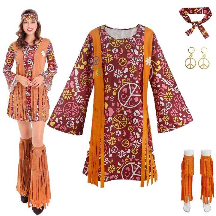 Women Hippie Dress 60s 70s Peace Love Costume Vintage Disco Hippie ...