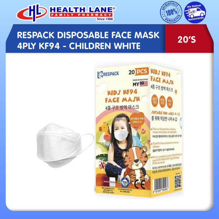 RESPACK DISPOSABLE FACE MASK 4PLY KF94 EARLOOP - CHILDREN WHITE (20'S ...