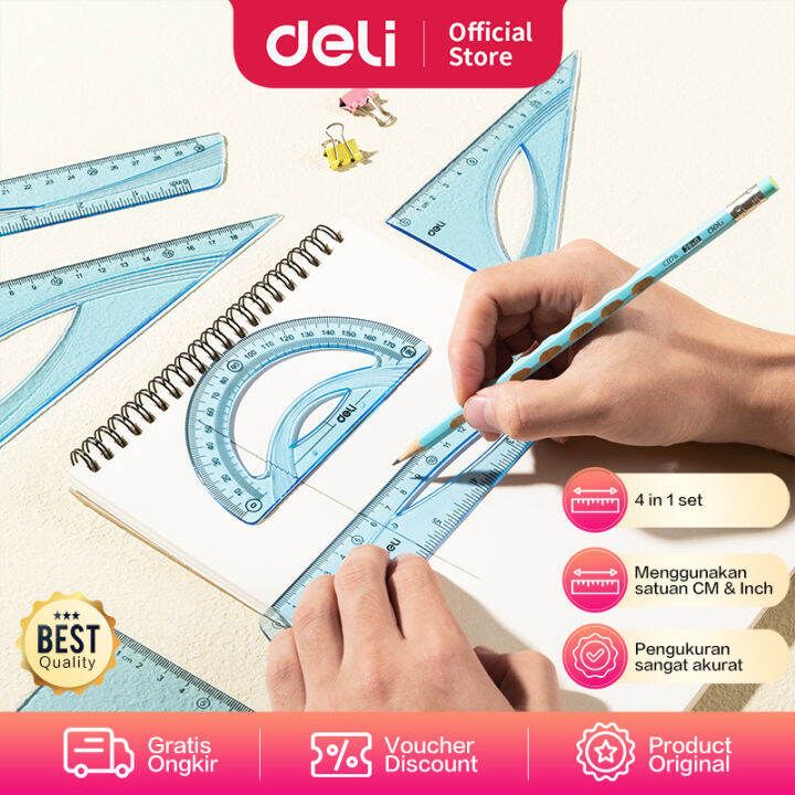 Deli Ruler Set / Set Penggaris 4 in 1 Kokoh Pengukuran CM dan Inch EH12 ...