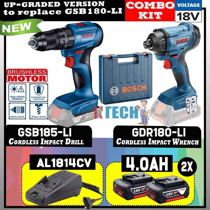 BOSCH 18V BRUSHLESS MOTOR GSB185-LI CORDLESS IMPACT DRILL + GDR180-LI ...