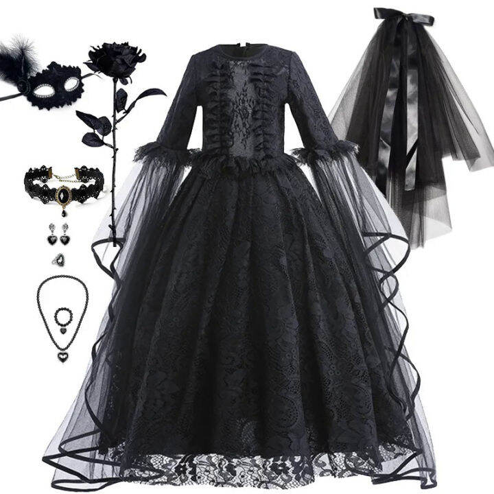 Halloween Ghost Bride Costume Kids Girl Dress Cosplay Black Lace Mesh ...