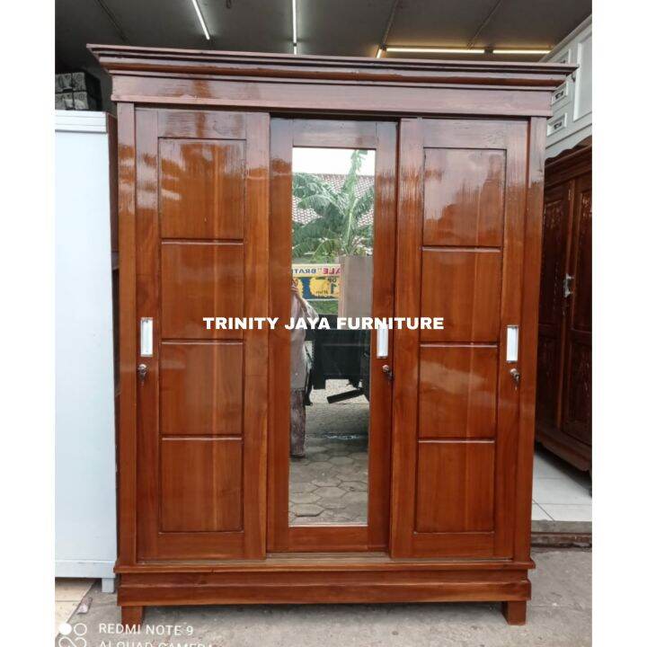Lemari Pakaian 3 Pintu Sliding Kayu Jati/trinityjayafurniture | Lazada Indonesia