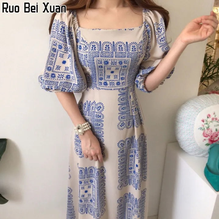 Ruo Bei Xuan ชุดสำหรับผู้หญิงในช่วงฤดูร้อนสไตล์ตะวันตกพิมพ์สแควร์คอ ...