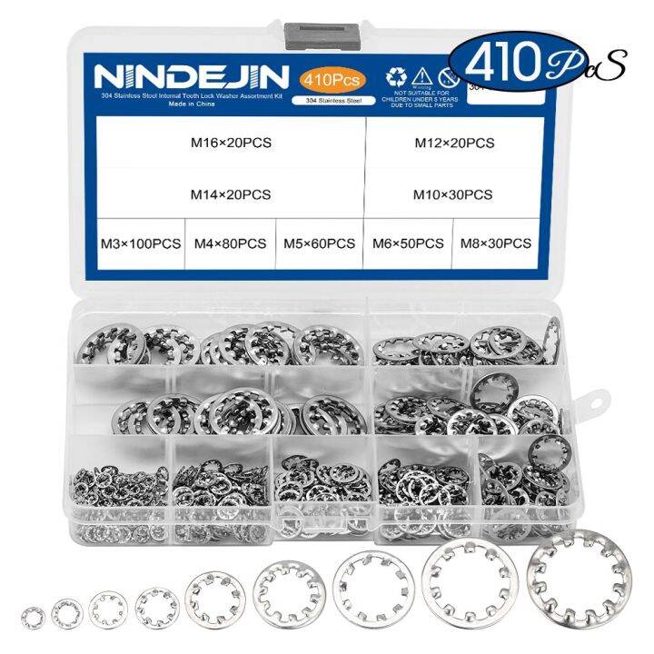 Nindejin 410 ชิ้น/เซ็ตภายในฟันล็อคเครื่องซักผ้า Assortment ชุด 304 สแตนเลส M3 M4 M5 M6 M8 M10 ...
