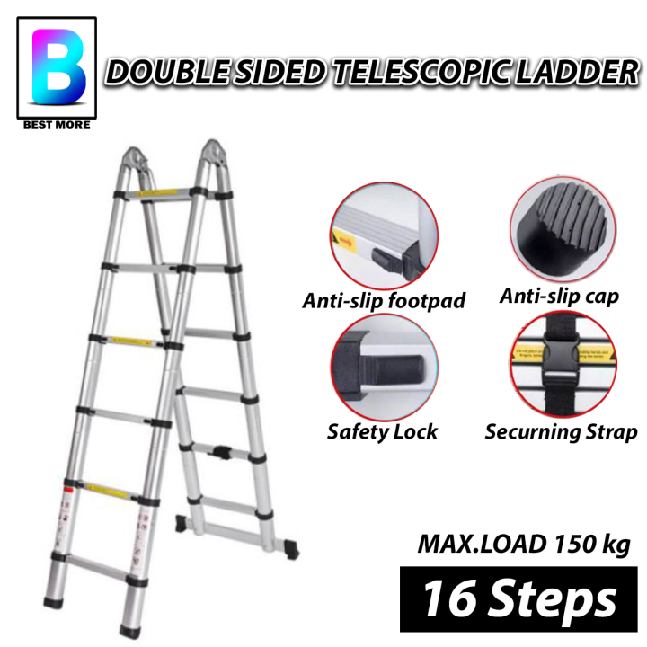 2.5M x 2.5M Aluminium Telescopic Pole Ladder Multi-Purpose Extendable Folding Ladder With 16 ...