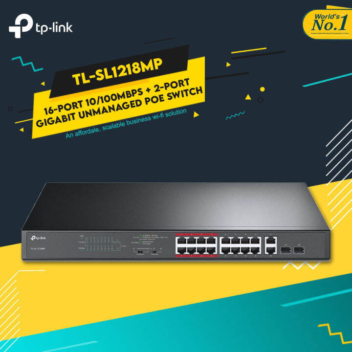 tp-link TL-SL1218MP 16-Port 10/100 Mbps + 2-Port Gigabit Rackmount Switch with 16-Port PoE+ ...